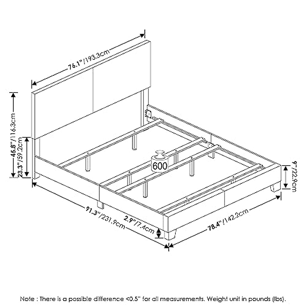 Furinno Pessac Upholstered Bed Frame, Black PU Leather, California King