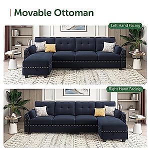 HONBAY Velvet Sectional Sofa L Shaped Couch Reversible Sectional Couch Sofa for Small Space,Dark Blue