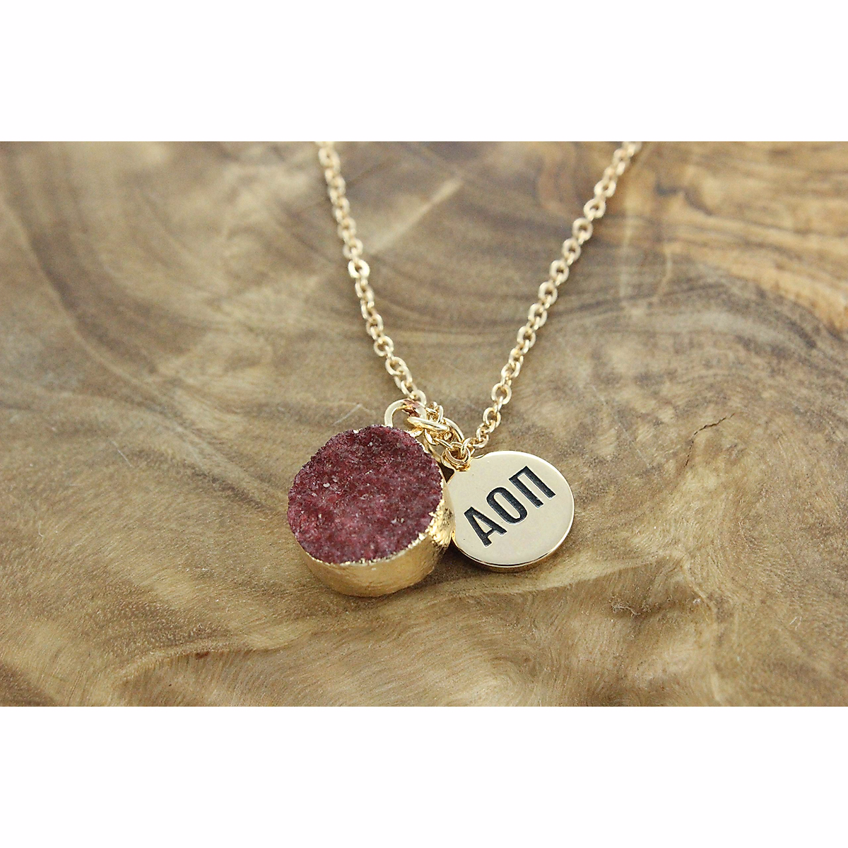 Sorority Shop AOP Necklace - Alpha Omicron Pi Red Druzy Gemstone Necklace With Engraved Pendant – 14K Gold Dipped Jewelry with Red Gemstone – Sorority Gift, Charm Paraphernalia