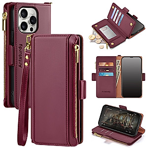 Antsturdy Compatible with iPhone 15 Pro Max Wallet Case,RFID Blocking PU Leather Phone Case Women Men Kickstand flip Cover Wrist Strap Zipper Credit Card Holder Slots for Apple 15 ProMax,Wine Red