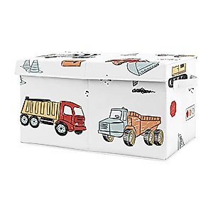 Sweet Jojo Designs Construction Truck Boy Small Fabric Toy Bin Storage Box Chest For Baby Nursery or Kids Room - Grey Yellow Orange Red and Blue Transportation