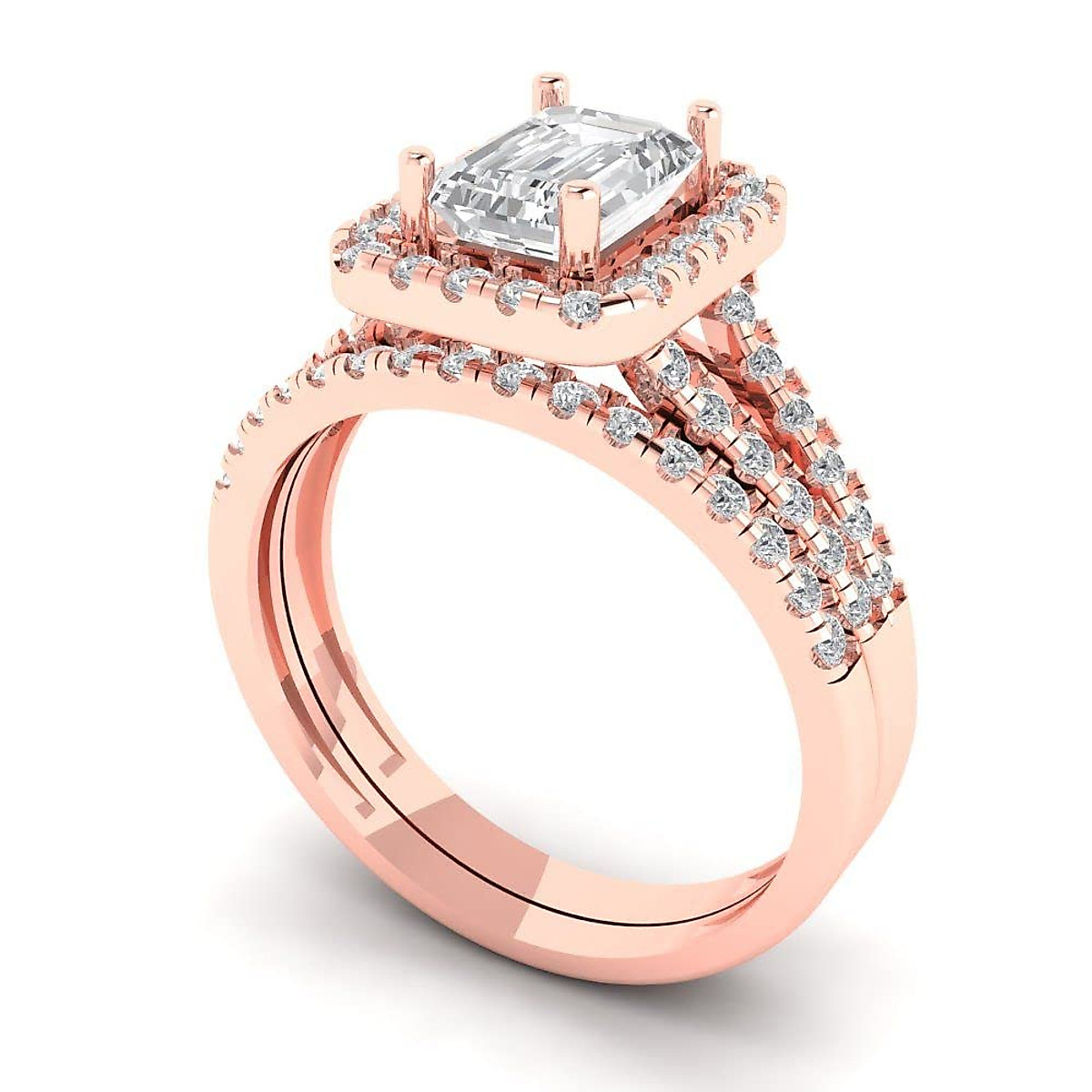 Clara Pucci 1.57 ct Emerald Cut Clear Simulated Diamond 14k Rose Gold Halo Solitaire W/Accents Wedding Engagement Promise Ring size 8