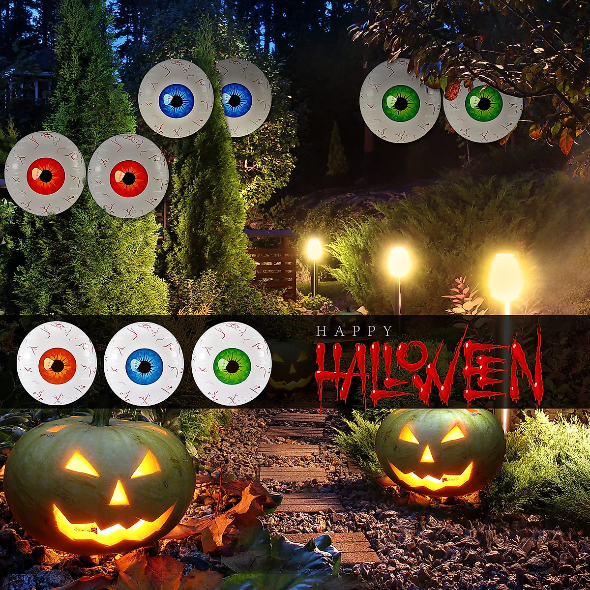 6 Pieces Halloween Inflatable Eyeball 22 Inches Halloween Theme Eyeballs Aluminum Film Crazy Inflatable Eyeball for Indoor and Outdoor Garden Yard Halloween Party Decorations, Green, Blue, Red