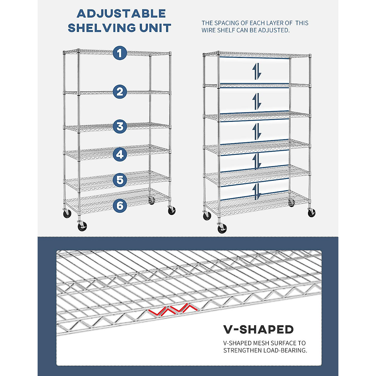 BestMassage with Wheels 6 Adjustable Heavy Duty Metal Shelves Storage Unit Shelf,6000 LBS 18x48x76, Chrome