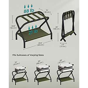 SONGMICS Luggage Rack, Suitcase Stand with Fabric Storage Shelf, for Guest Room, Bedroom, Hotel, Foldable, Holds up to 110 lb, 27.2 x 15 x 20.5 Inches, Forest Green and Black URLR002C01