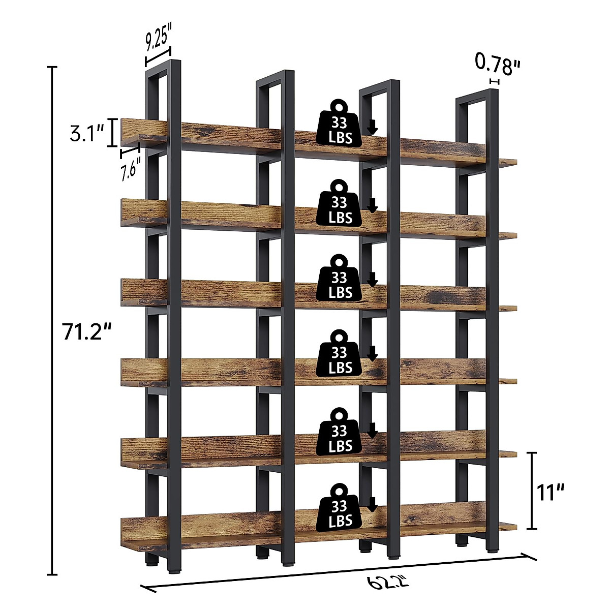 oneinmil 71" Tall Triple Wide 6 Tier Bookshelf, Industrial Style Bookcases, Open Display Shelves, Modern Tall Bookcase Furniture for Bedroom, Living Room and Home Office, Brown