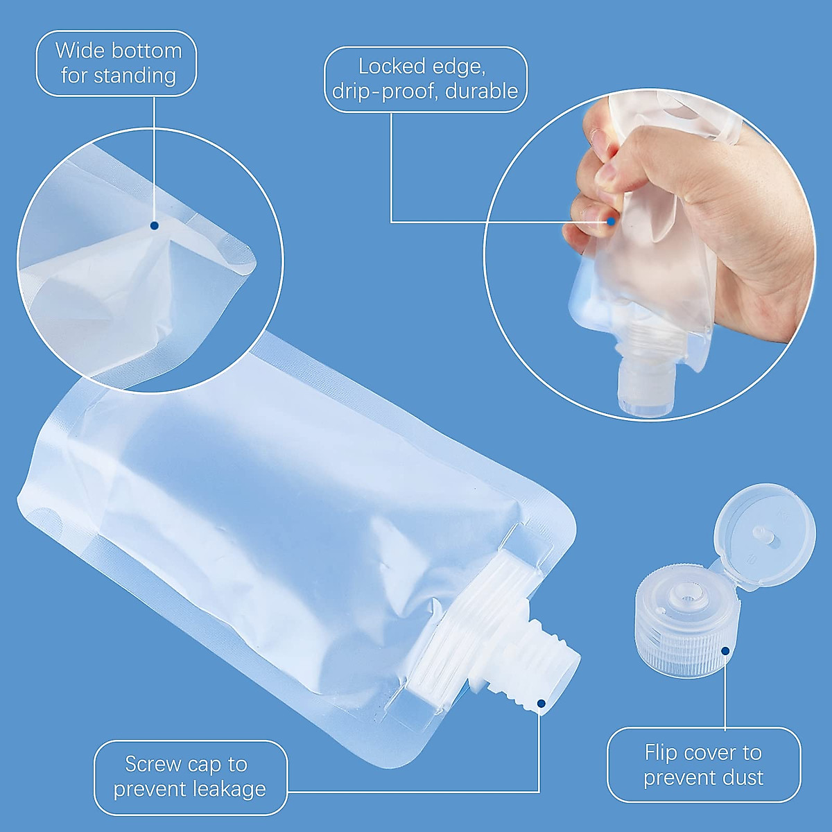 TUZAZO 15pcs Travel Pouches for Toiletries, TSA Approved, Refillable Empty Travel Size Containers, Small Squeeze Pouches Travel Bottles for Shampoo Conditioner Lotion Soap Liquids