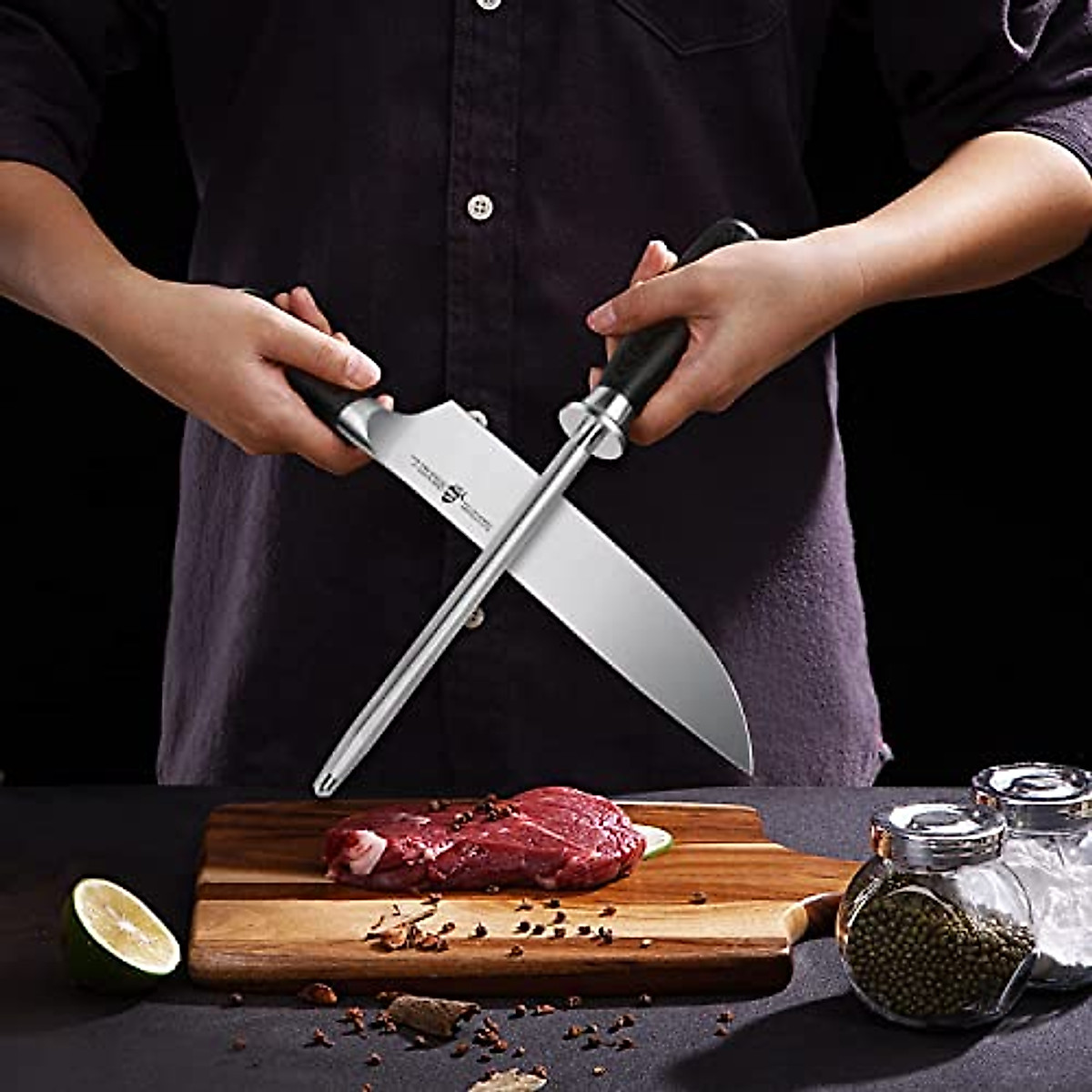 TUO Kitchen Knife Sharpener 8 inch Honing Steel Knife Sharpening Tool Helps Repair Restore Polish Blades Sharpening Rod, German stainless steel With Gift Box, Fiery Phoenix Series - Black