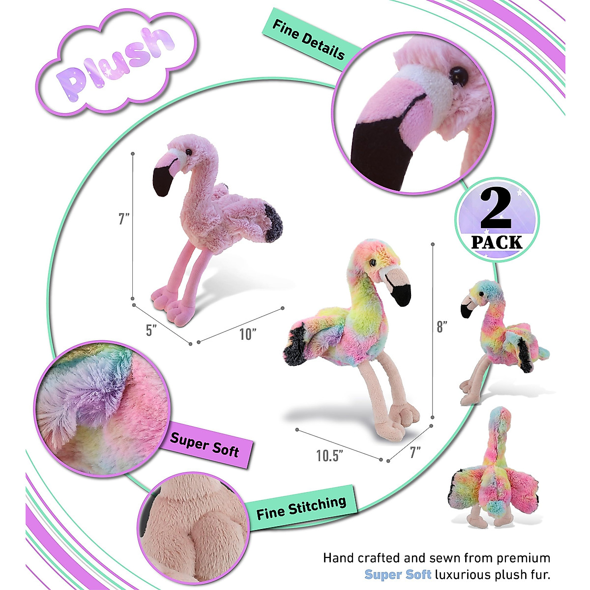 DolliBu Plush Flamingo Stuffed Toys - Super Soft Huggable Flamingo Plush Kit, Adorable Tropical Bird Plush Toys, Cute Flamingo Cuddle Gifts for Kids and Adults - 2 Pack