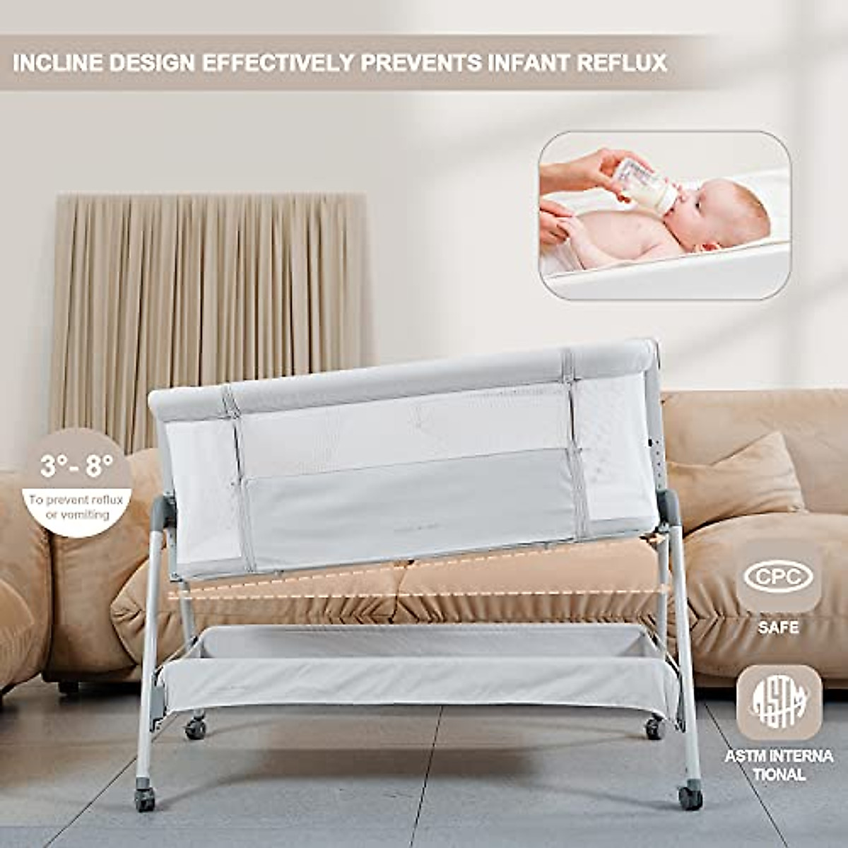 ANGELBLISS Baby Bassinet Bedside Sleeper, Easy Folding Portable Bassinet for Baby with Wheels, Adjustable Height, Included Mattress