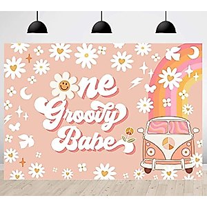 One Groovy Happy Birthday Backdrop for Girls Retro Boho 1st Birthday Party Photo Background Girl Daisy Floral Happy 1st Birthday Newborn Baby Party Decorations Cake Table Banner 5x3ft