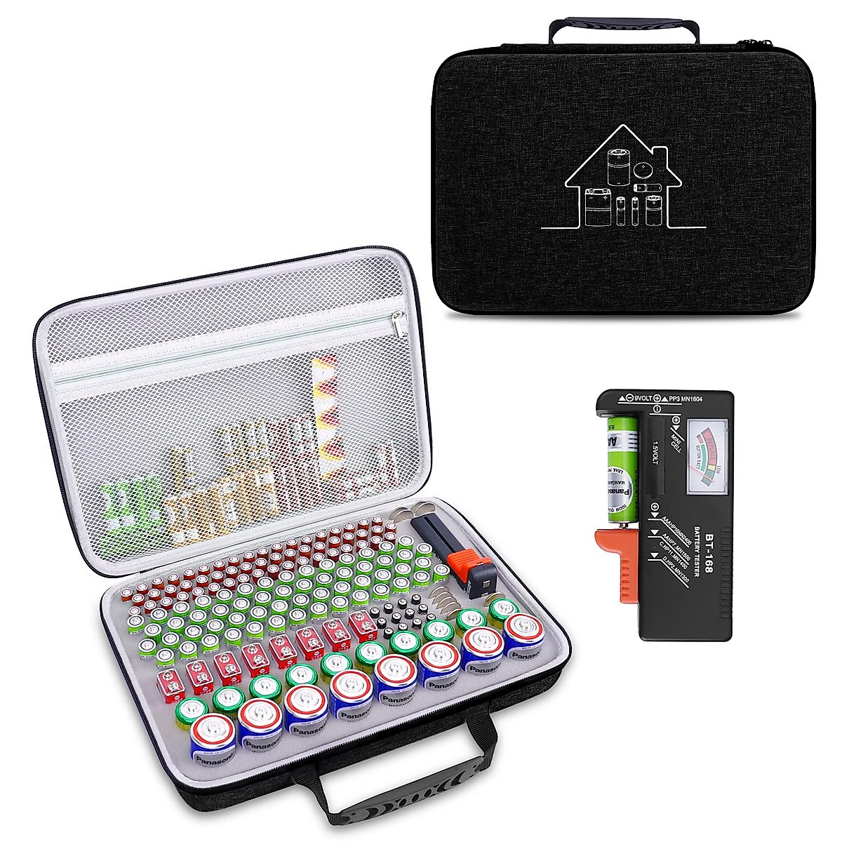 HESPLUS Battery Organizer Storage Case, Battery Box Holder Carrying Bag Holds 210+ AA AAA C D 9V 3V Lithium LR44 CR2 CR1632 CR2032 Coin Cell Battery with Battery Tester BT-168(CASE ONLY！) - Black
