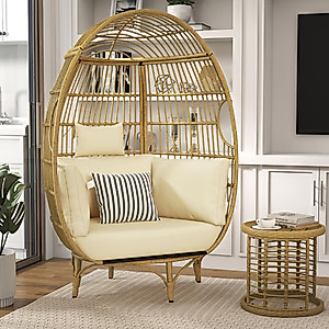 YITAHOME 360° Swivel Egg Chair Outdoor, 400lbs Capacity Oversized Patio Rotating Basket Chair, All-Weather Wicker Egg Lounger Chair for Outside Indoor (Beige)