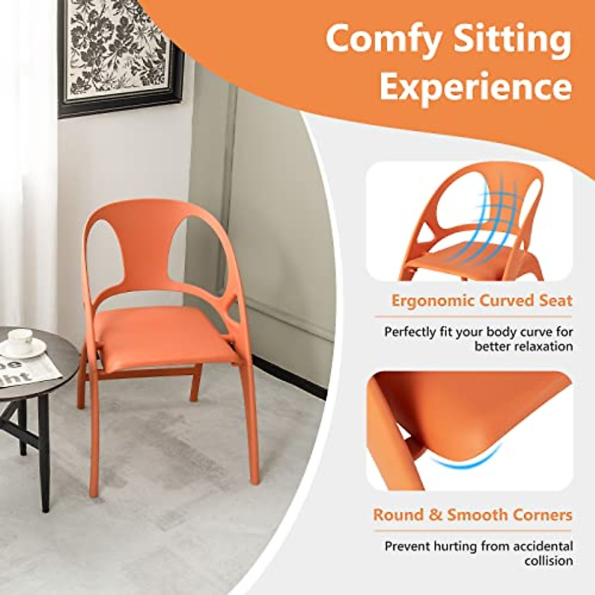Giantex Folding Dining Chairs Set of 2, Plastic Dining Chairs with Armrest and High Backrest, 330 LBS Indoor Outdoor Modern Dining Chairs for Dining Room Kitchen, Orange