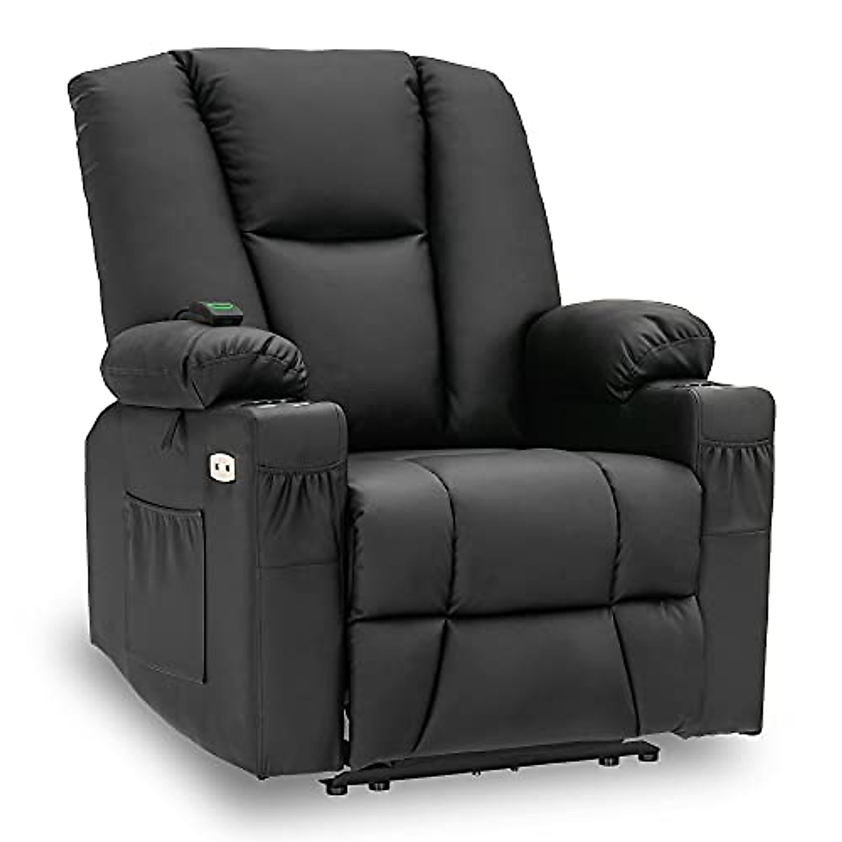 MCombo Electric Power Recliner Chair with Vibration and Heat, Extended Footrest, USB Ports, 2 Side Pockets, Cup Holders, Faux Leather 8015 (Not Lift Chair) (Black)