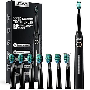 SEAGO Electric Toothbrush for Adults, with 8 Heads and 5 Modes, Rechargeable Sonic Tooth Brush One Charge for 30 Days, with 2 Mins Timer(Black)
