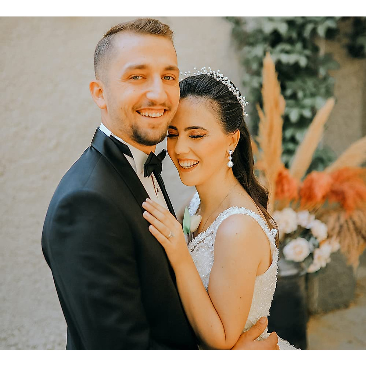 Cubic Zirconia Simulated Shell Pearl Earrings Dangle for Women, Platinum Plated Rhinestones Pearl Earrings Dangling,Bridal Pearl Earrings Drop for Wedding, Brides, Bridesmaid.