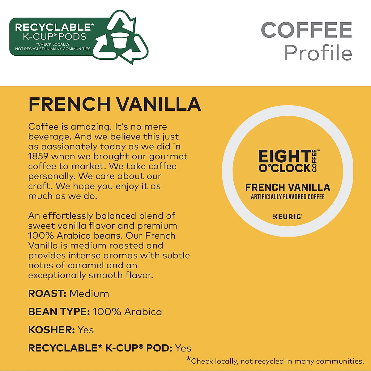 Eight O'Clock Coffee French Vanilla, Keurig Single Serve K-Cup Pods, Light Roast, 72 Count