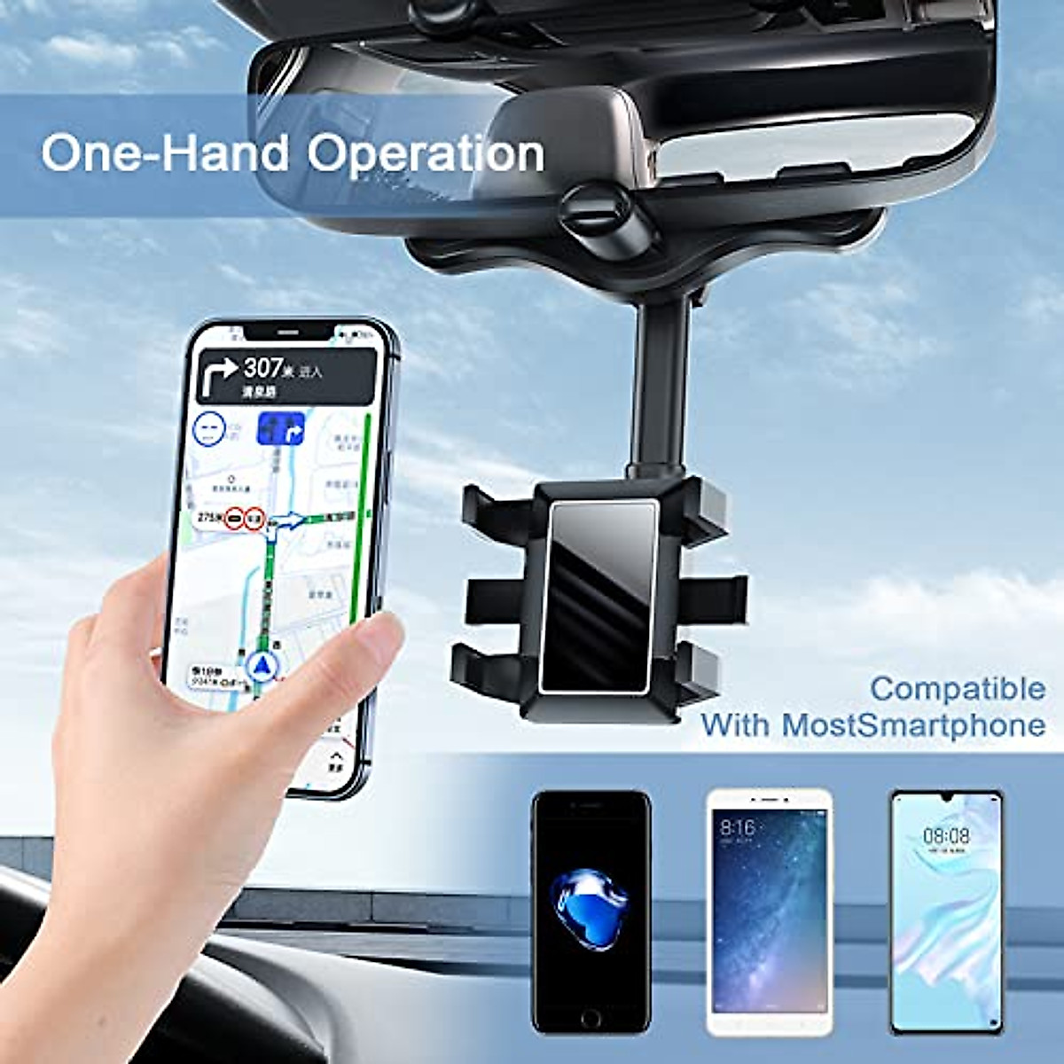 2 Pack Rearview Mirror Phone Holder for Car Multifunctional 360° Rotatable Retractable Car Phone Holder Mount ,Universal Cell Phone Holder Fit All Car and Phone, Charging Cable Included