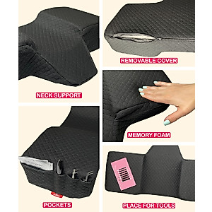 XOLLOZ Pillow For Eyelash Extensions - Curved Memory Foam Lash Bed Pillow With Neck And Back Support, Perfect Pillow For Eyelash Extensions, Two Pockets For Tools On The Sides Of Pillow (Black)