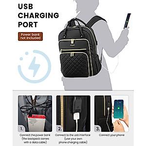 LOVEVOOK Laptop Backpack for Women, 17.3 Inch, Water Resistant, Lightweight, USB Charging, Quilted Commuter Backpack, Black