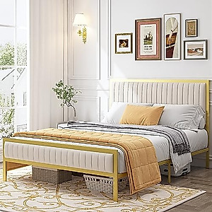 CIKUNASI Gold Queen Bed Frame, Upholstered Bed Frame with Velvet Headboard Footboard Heavy Duty Bed Frame with LED Lights/No Box Spring Needed/Easy Assembly