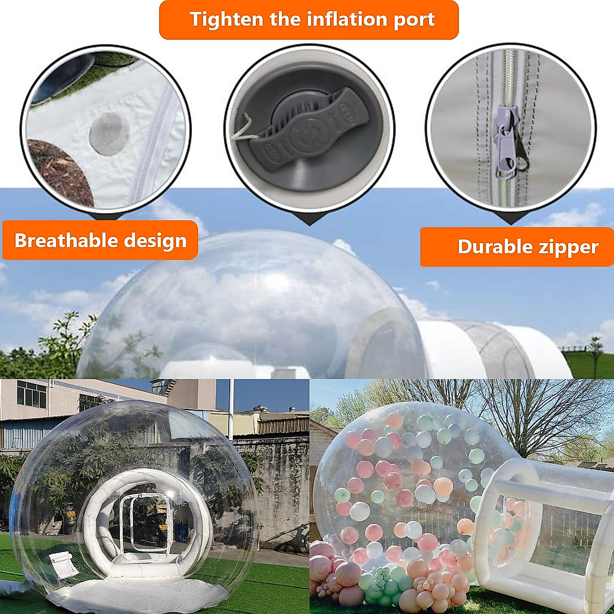 Inflatable Bubble House with 750w Blower, 550w Hand Pump, JJZZHG Bubble Tent 10FT Waterproof Transparent Dome 6FT Tunnel for Children's Party, Home Party, Malls, Parks Event Exhibition