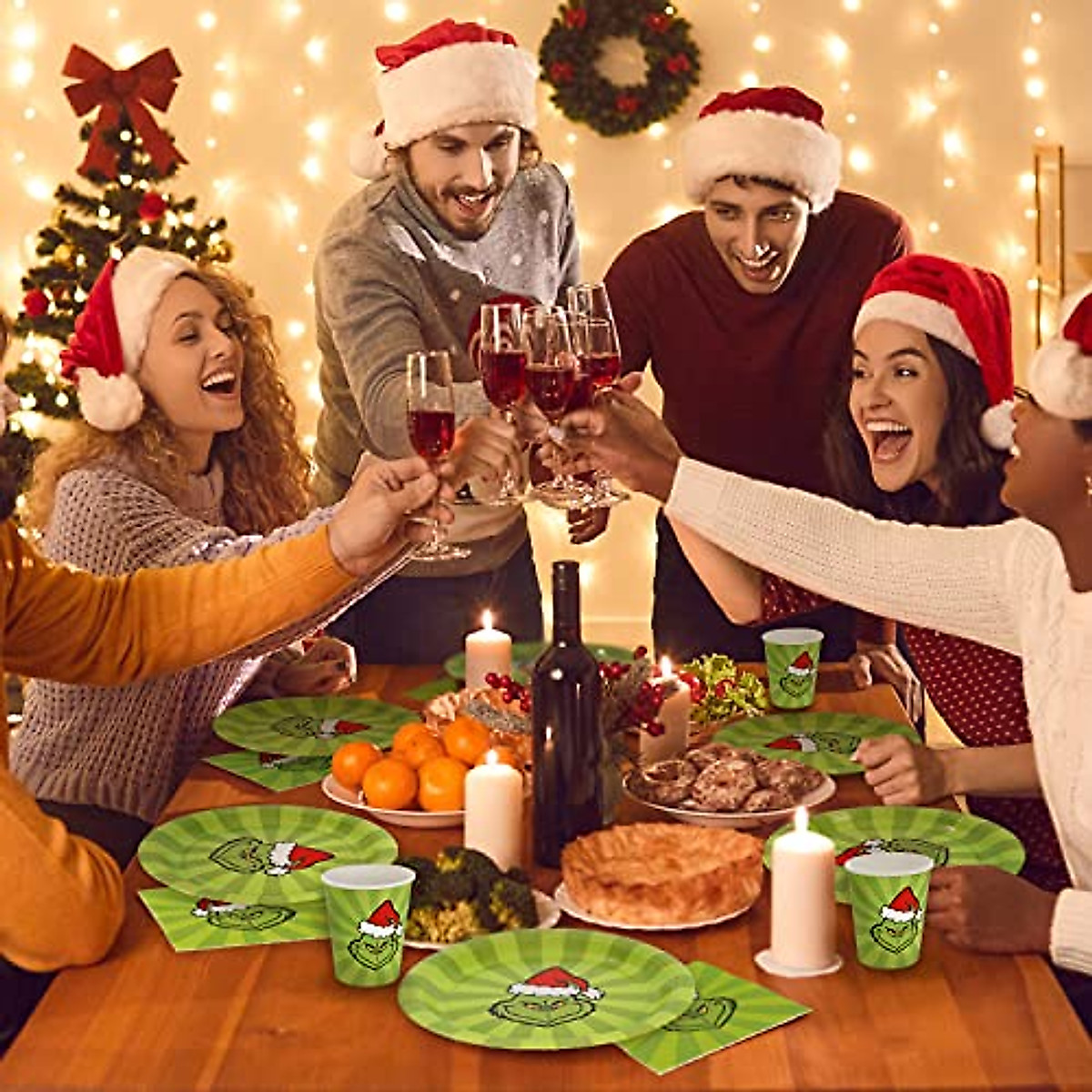 Whaline 100Pcs Christmas Tableware Set Green Christmas Character Disposable Dinnerware Set 50Pcs Paper Plates 25Pcs Napkin 25Pcs Cups for Xmas Theme Party Supplies Table Decorations