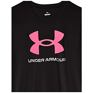 Under Armour Girls' Standard Tech Print Big Logo Short Sleeve Crew, (002) Black/Cerise/White, Large