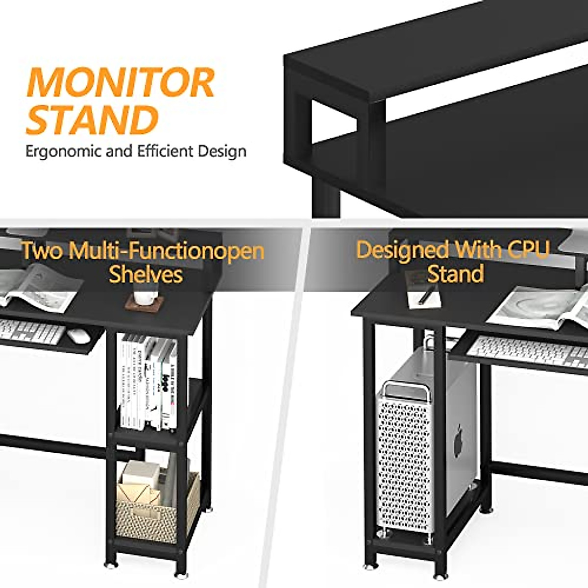 JSungo Small Computer Desk with Monitor Stand, 47 Inch Home Office Desk with 2 Tier Storage Shelf for Small Space, Sturdy Writing Gaming Table with Keyboard Tray and CPU Shelf, Black