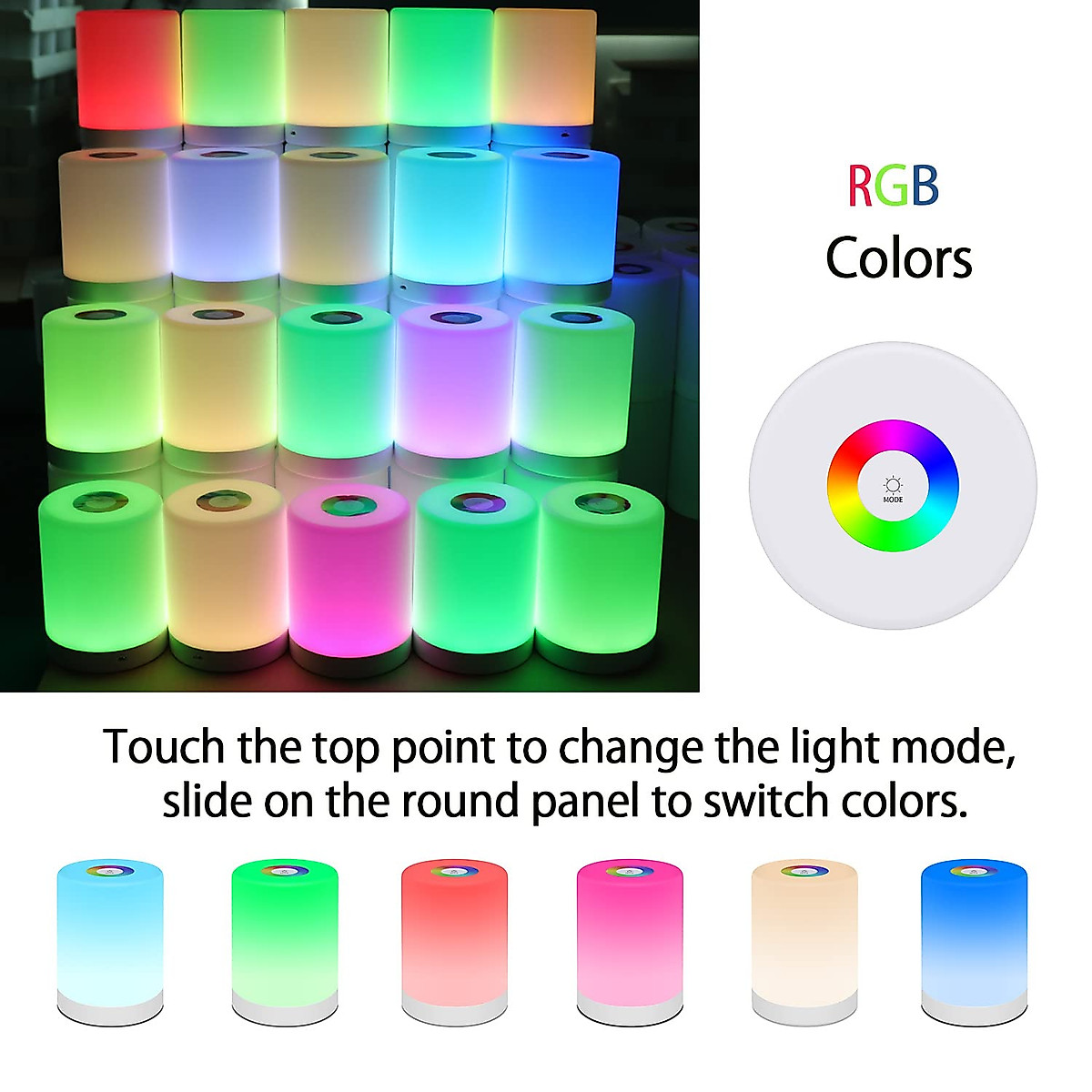 Portable Touch Bedside Nursery Lamp, Night Light,Rechargeable Camping Light, Dimmable Warm Light RGB Color Changing, USB Ports, Night Lights for Bedrooms Kids/Children/Girls, by Zapex 1001 White