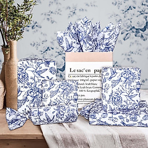 Whaline 100 Sheets Blue White Floral Tissue Paper Chinoiserie Flower Bird Gift Wrapping Paper DIY Art Craft Tissue Paper for Packaging Wedding Birthday Baby Shower, 13.7 x 19.6 Inch