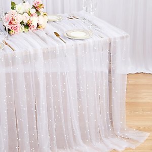 White Tulle Fabric Pearl Table Runner, Wedding Table Runner Decor Lace Table Cloth Wedding Arch Decorations Tulle Ribbon 5 Yards Lace Dessert Tablecloth Table Cover for Birthday Party Bridal Shower