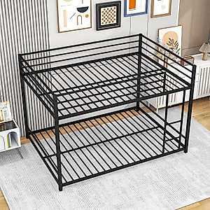 CNANXU Full Over Full Bunk Bed,Heavy Duty Metal Bunk Bed Frame with Ladder & Guardrail for Kids Bedroom,No Box Spring Required,Black