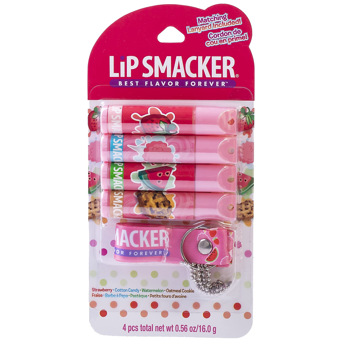 Lip Smacker Flavored Lip Balm & Pink Lanyard Set | Strawberry, Cotton Candy, Watermelon, Oatmeal Cookie Flavors | For Kids | Stocking Stuffer | Christmas Gift | Set of 4