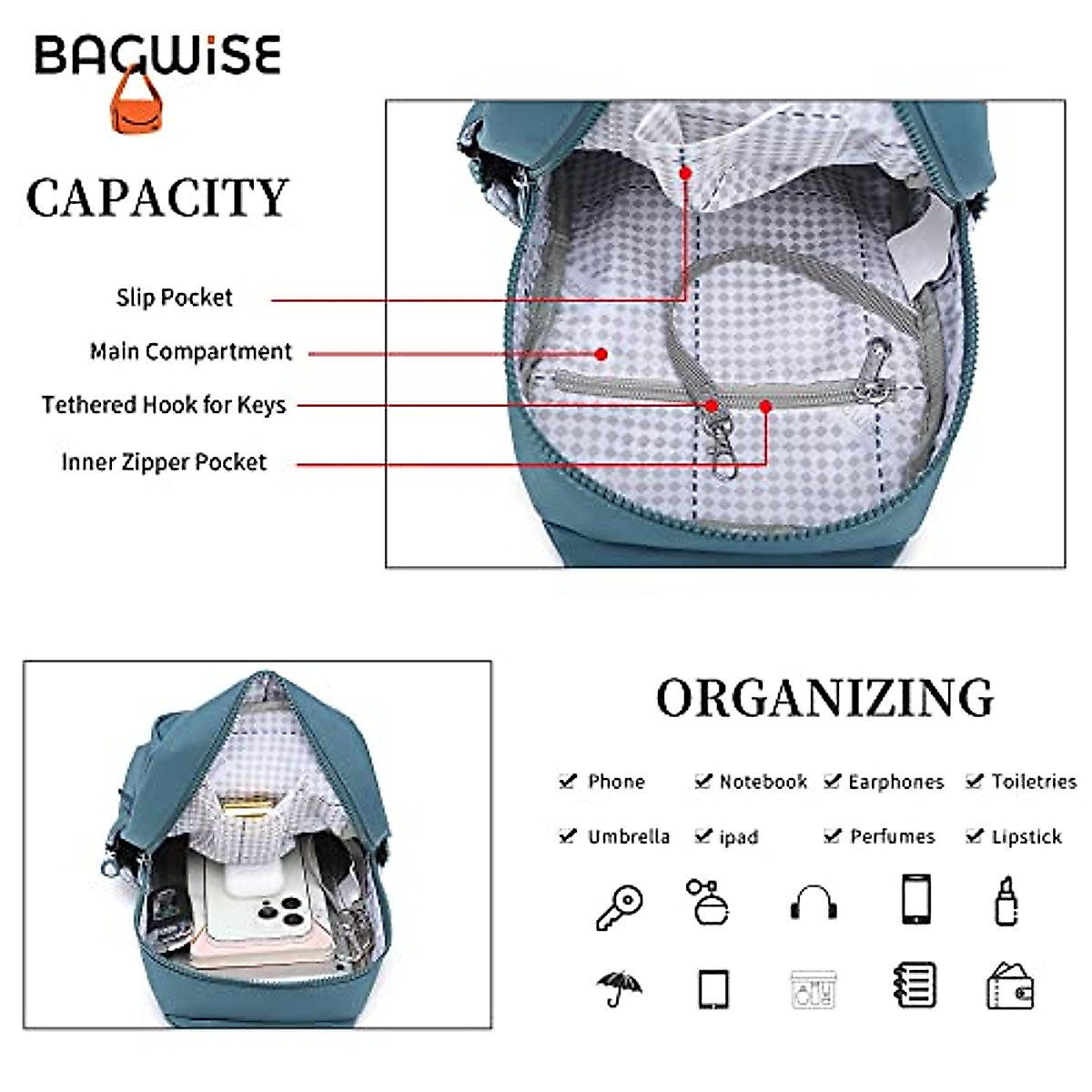 Women Sling Backpack Crossbody Bags for Women, Unisex Crossbody Purse Bag, Sling Bag, Lightweight and Compact Sling Backpack (Ice Blue)