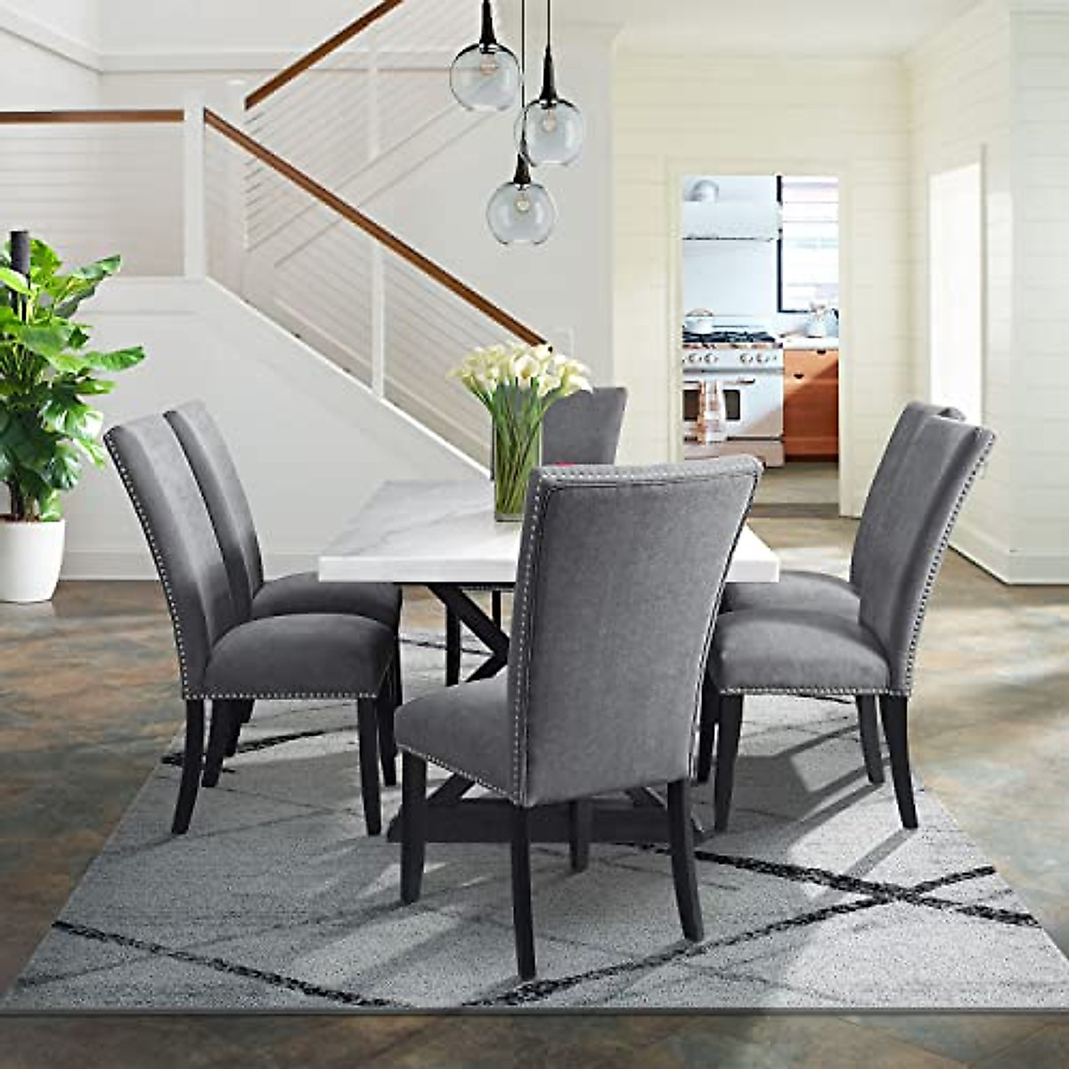 Hanover 7-Piece Linen Side Top and Wood Capri Modern w/White Marble Tabletop, Black Trestle Style Base, and 6 Comfortable Upholstered Foam Room Chairs, Farmhouse Dining Table Set, Natural, Gray