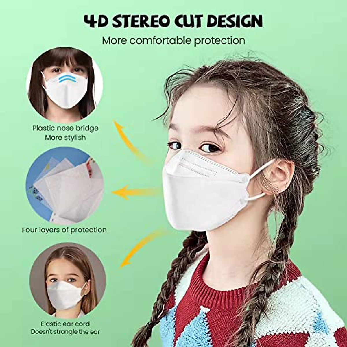 Kids KF94_Mask 50PCS, 4 Layers Protective_Mask Non-woven, Cup Dust_Mask 3D Design Disposable KF94 for Kids Girls Boys (50 PCS, White)