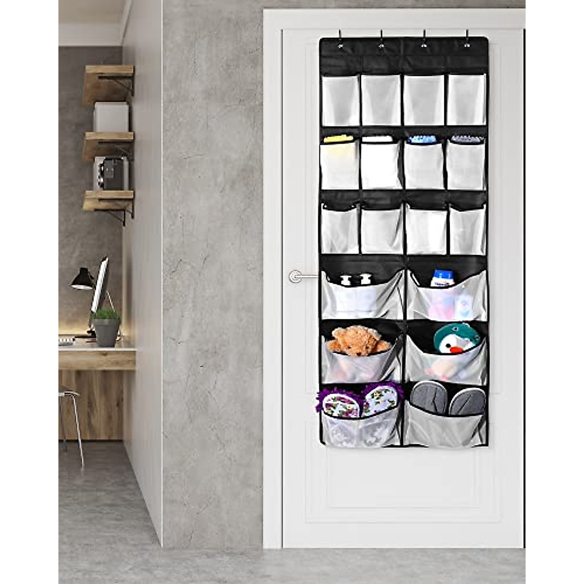 4 Pack Hanging Shoe Organizer over The Door Organizer Shoe Rack Door Hanging Storage, 18 Mesh Pockets with 16 Hooks for Entryway Dorm Bedroom Pantry Wall Closet, Black, White
