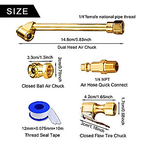 Kabcifea 10 PCS Heavy Duty Brass Air Chuck Set,Dual Head Air Chuck,1/4 Inch Dual NPT Closed Ball Air Chuck,Closed Flow Tire Chuck,Air Hose Quick Connect Adapter with 1 PCS Thread Seal Tape