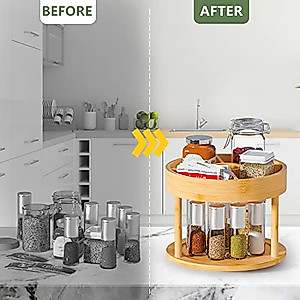 2 Tier Lazy Susan Spice Organizer - Bamboo Wooden Two Tier Lazy Susan Turntable with 4 DIY Partition Board 9.8 inch for Cabinet