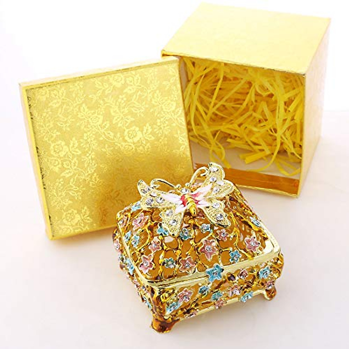YU FENG Jeweled Butterfly Flower Trinket Boxes Hinged Collectible Decorative Golden Enamel Jewelry Ring Holder Box