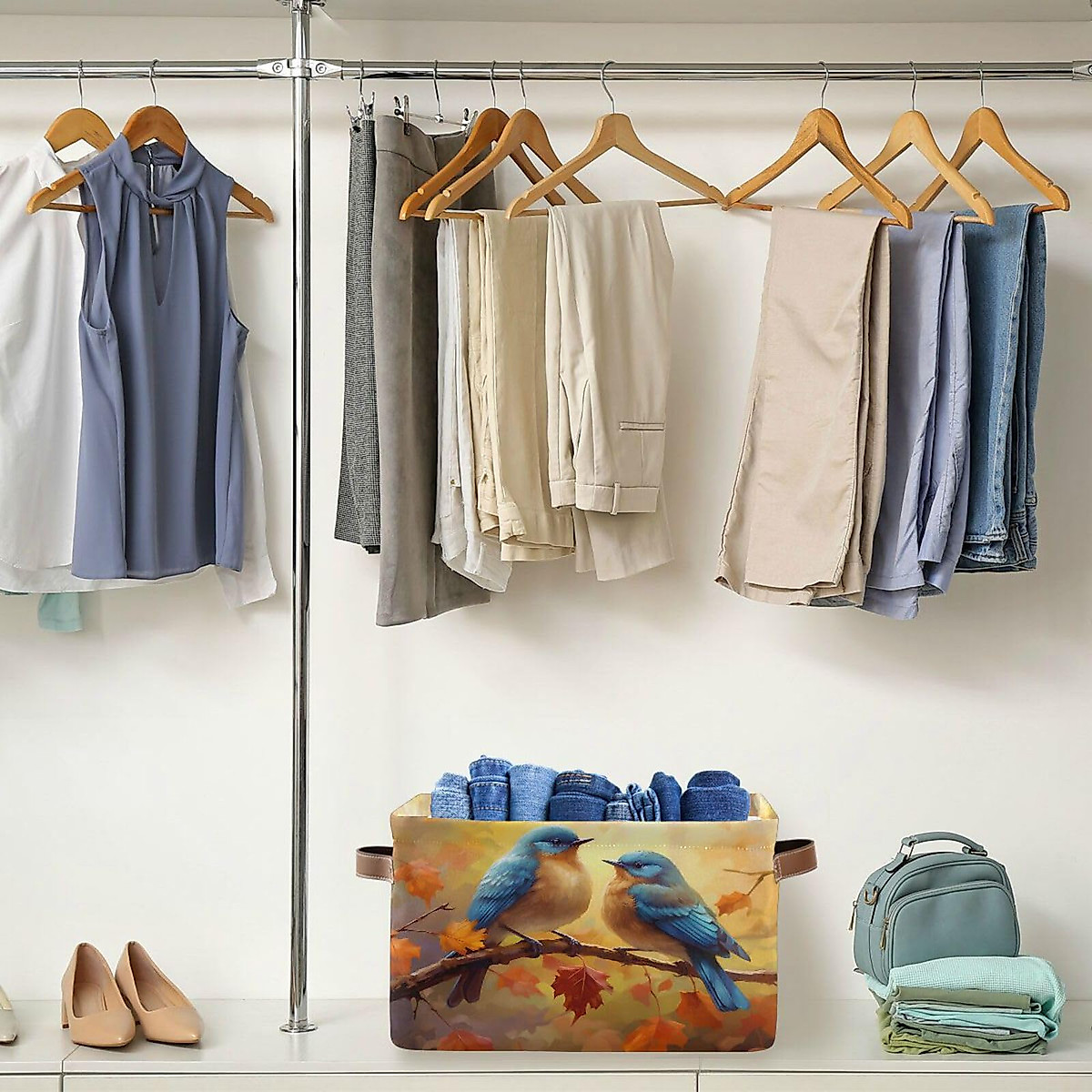 Large Storage Basket Blue Birds Autumn Storage Bin Cube Canvas Fabric Organizer Handles Collapsible for Clothes Toys Bedroom Decorative