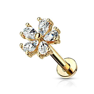 Forbidden Body Jewelry 16g 8mm Internally Threaded Cartilage, Tragus, Labret & Monroe Stud w/CZ Floral Top, 14k Gold Plated