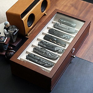Besforu Pocket Knife Display Case for men collection holder 15-17 folding knife with Walnut Finish Two-Tier Knife organizer storage box with Real Glass Window Top (walnut veneer with draw)