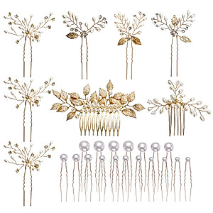 inSowni 26 Pack Gold Wedding Bridal Hair Side Combs+U Shaped Hair Pins Clips Barrettes Leaf Flower Rhinestone Pearl Hair Pieces Updo Accessories Jewelry Headpieces for Women Girls Brides Bridesmaids