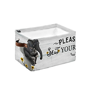 Storage Bins Cubes Waterproof Cloth Storage Basket, Elephant Sitting on Toilet Please Seat Foldable Storage Bags Closet Clothes Storage Organizers with Handles 15x11x9.5 in Rural Sunflower Wood