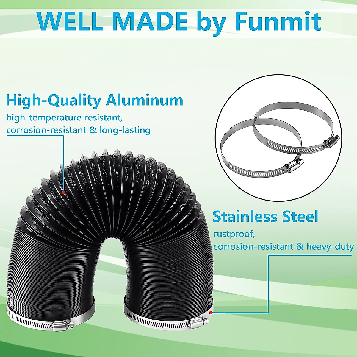 Funmit Dryer Vent Hose Kit - 4 In Diameter by 10 Ft Length - with 2 Stainless Steel Worm Clamp - Flexible Universal Aluminum Foil Non-Insulated - Silver