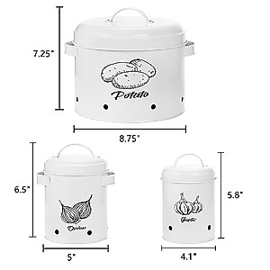 Frcctre Set of 3 Potato and Onion Storage Canisters, Potato, Onion, Garlic Kitchen Storage Bin With Lids, Metal Vegetable Keeper Storage Bins Set with Aerating Holes for Pantry Organization