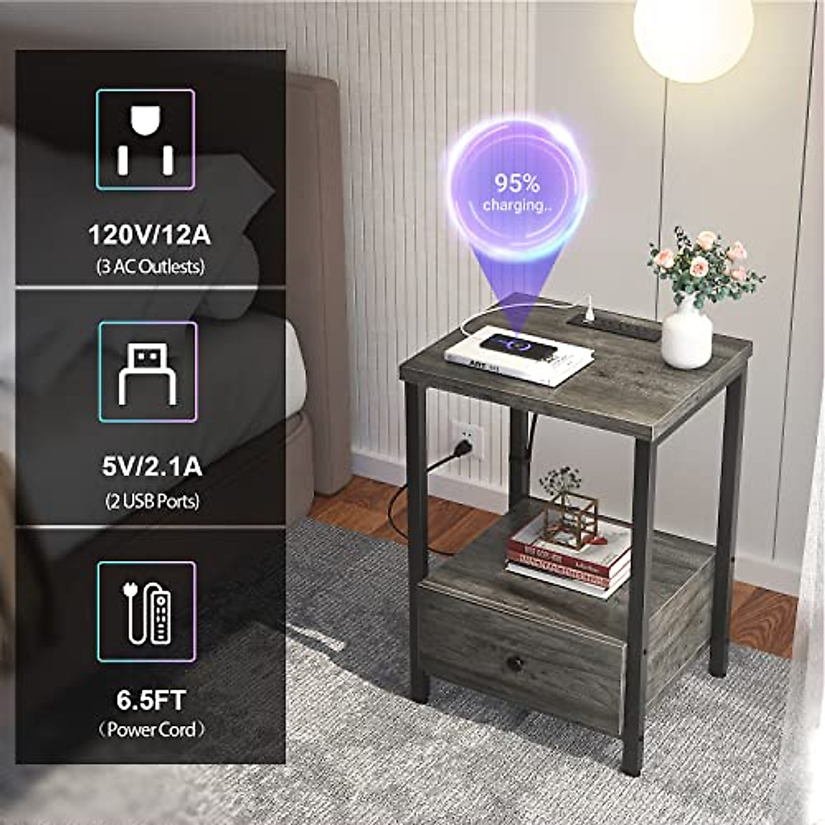 Ecoprsio Nightstands Set of 2 with Charging Station, Modern Night Stand Bedside Table with Storage Drawer and Shelf, End Side Table with USB Ports & Power Outlets for Bedroom Living Room, Grey Oak
